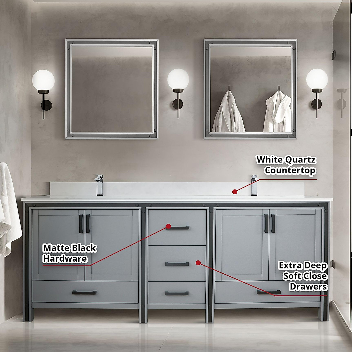 Bell+Modern Augustine 84 in W x 22 in D Dark Grey Double Bath Vanity and White Quartz Top