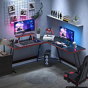 Shahoo L Shaped Gaming Desk, 51 Inch Computer Corner Table with Large Monitor Stand & Carbon Fiber Surface for Home Office Study Writing Workstation, Black