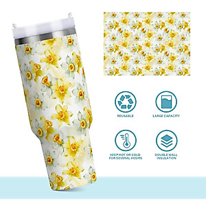 Yellow Daffodils Narcissus Tumbler with Handle and Straw Lid, Watercolo Garden Flowers 30 oz Insulated Coffee Cup Stainless Steel Water Bottle Travel Mug Cupholder Friendly,Gifts for Women Men