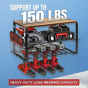 HomeBoo Power Tool Organizer, 4 Power Drill Holder Wall Mount, 3 Layers Heavy Duty Rack WOOD Top Shelf, Garage Tool Organizer, Garage Storage Shelf, Father Day Gift