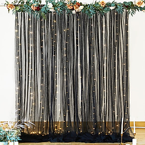 Black Sheer Backdrop Curtains with Lights String for Birthday Party 10ft × 8ft Black Tulle Backdrop Curtain for Baby Shower Halloween Photo Shoot Decorations