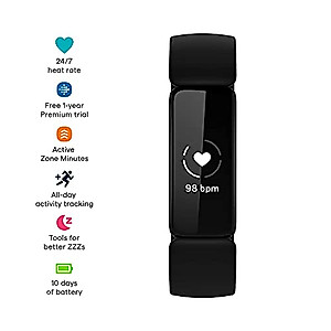 Fitbit Inspire 2 Health & Fitness Tracker with a Free 1-Year Premium Trial, 24/7 Heart Rate, Black/Black, One Size (S & L Bands Included) (Renewed)