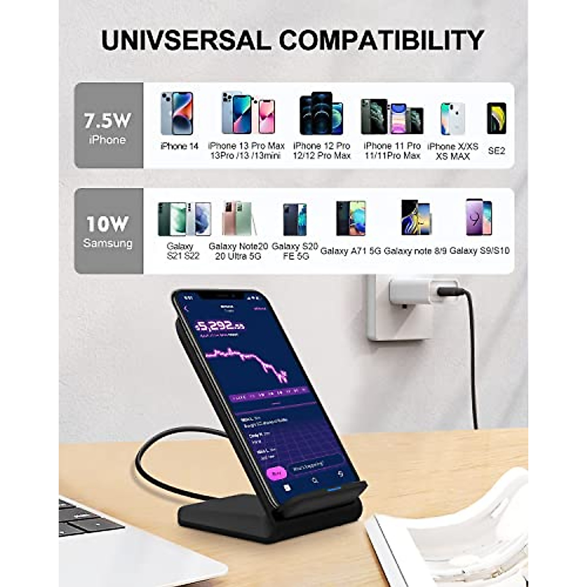 Fast Wireless Charger, Trummul Upgraded 10W Wireless Charging Stand Compatible with iPhone 13 12 11 Pro XR XS 8 Plus Galaxy S22 S21 S10 Note 20 10 Google LG and Other Wireless-Enable Phones