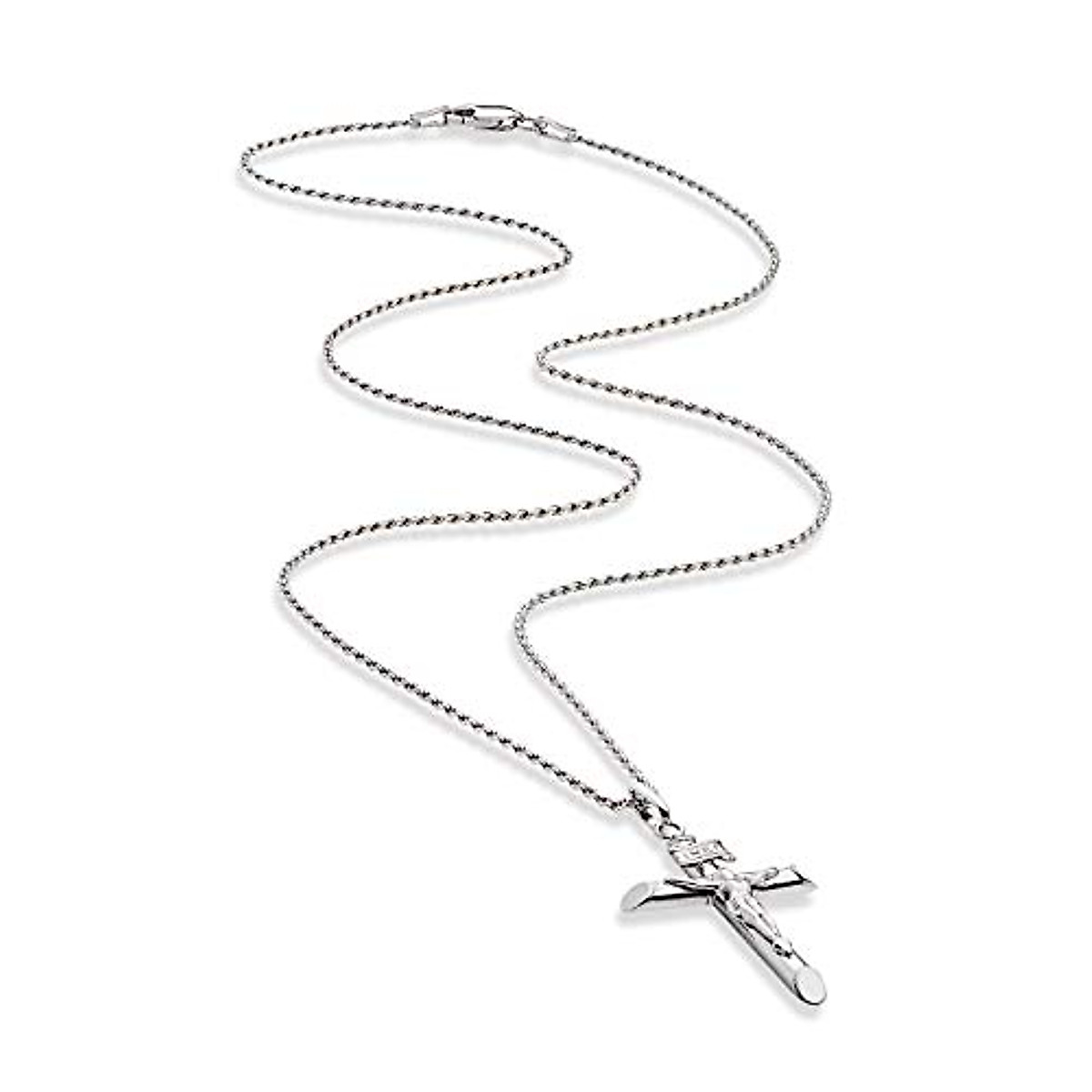 Miabella Rhodium Plated 925 Sterling Silver Small or Large Crucifix Cross Necklace for Men Women, Cross Pendant with Rope Chain, Made in Italy (Small, Length 22 Inches (men's average length))
