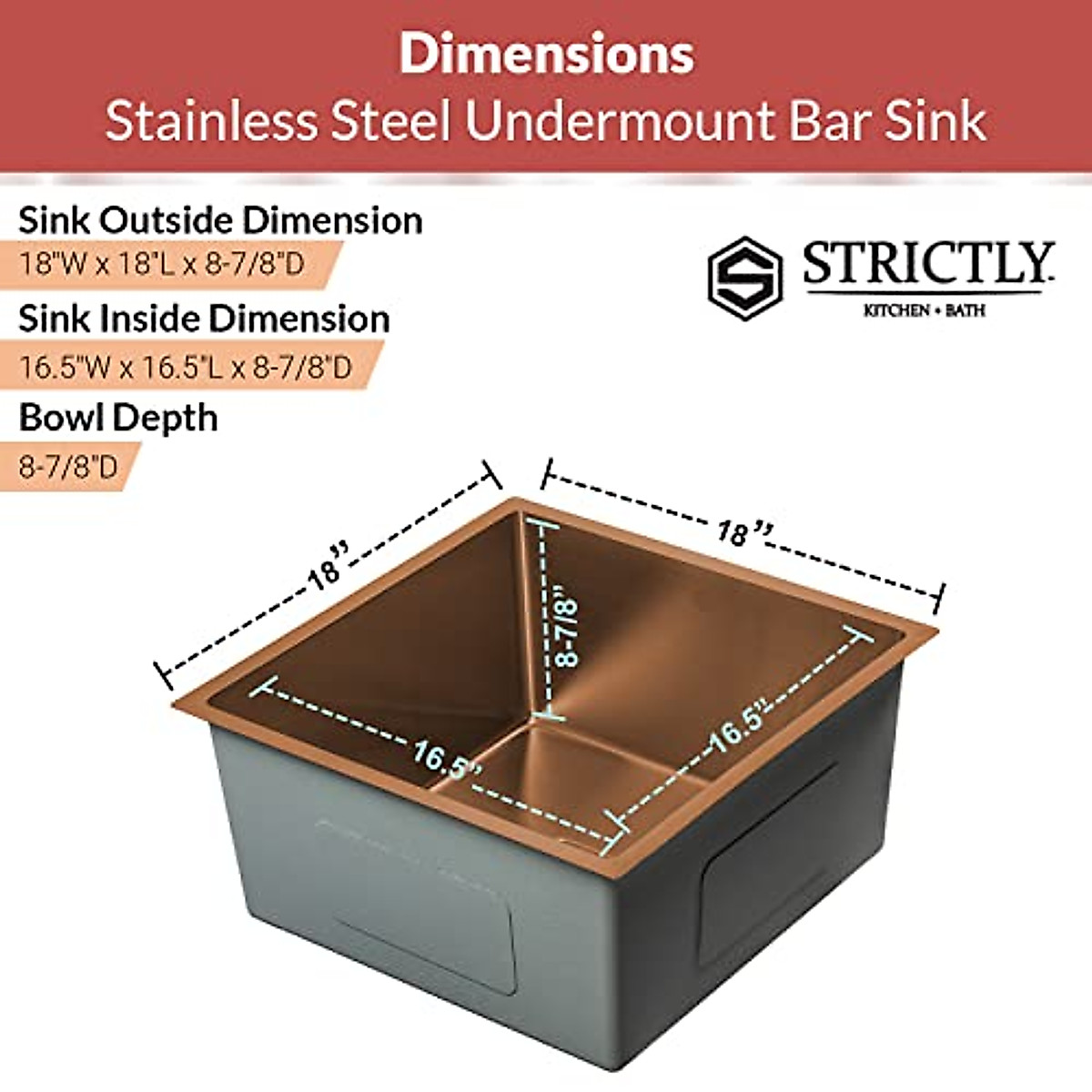 Strictly Sinks Undermount Copper Bar Prep Sink – 18 Inch Single Bowl 16 Gauge Stainless Steel Undermount Bar Sink – Tight Radius Corners Kitchen & Bar Sink With Drain Kit