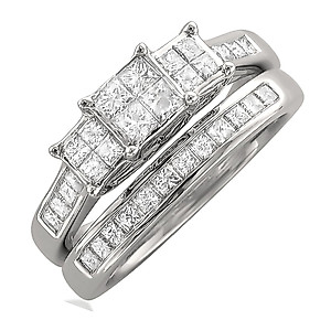 Beyond Brilliance 1.10 Carat Diamond, Prong-Set 14K White Gold Princess Cut Three-Stone Diamond Engagement Bridal Ring Set (I-J, I1-I2)