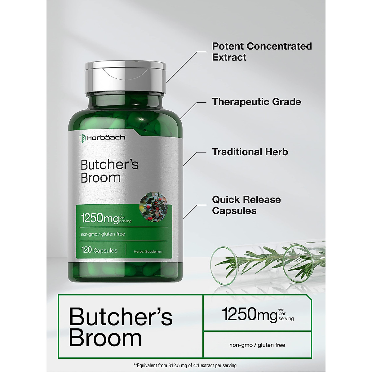 Horbaach Butchers Broom Capsules 1250mg | 120 Count | Non-GMO, Gluten Free | Traditional Herb Root Extract Supplement