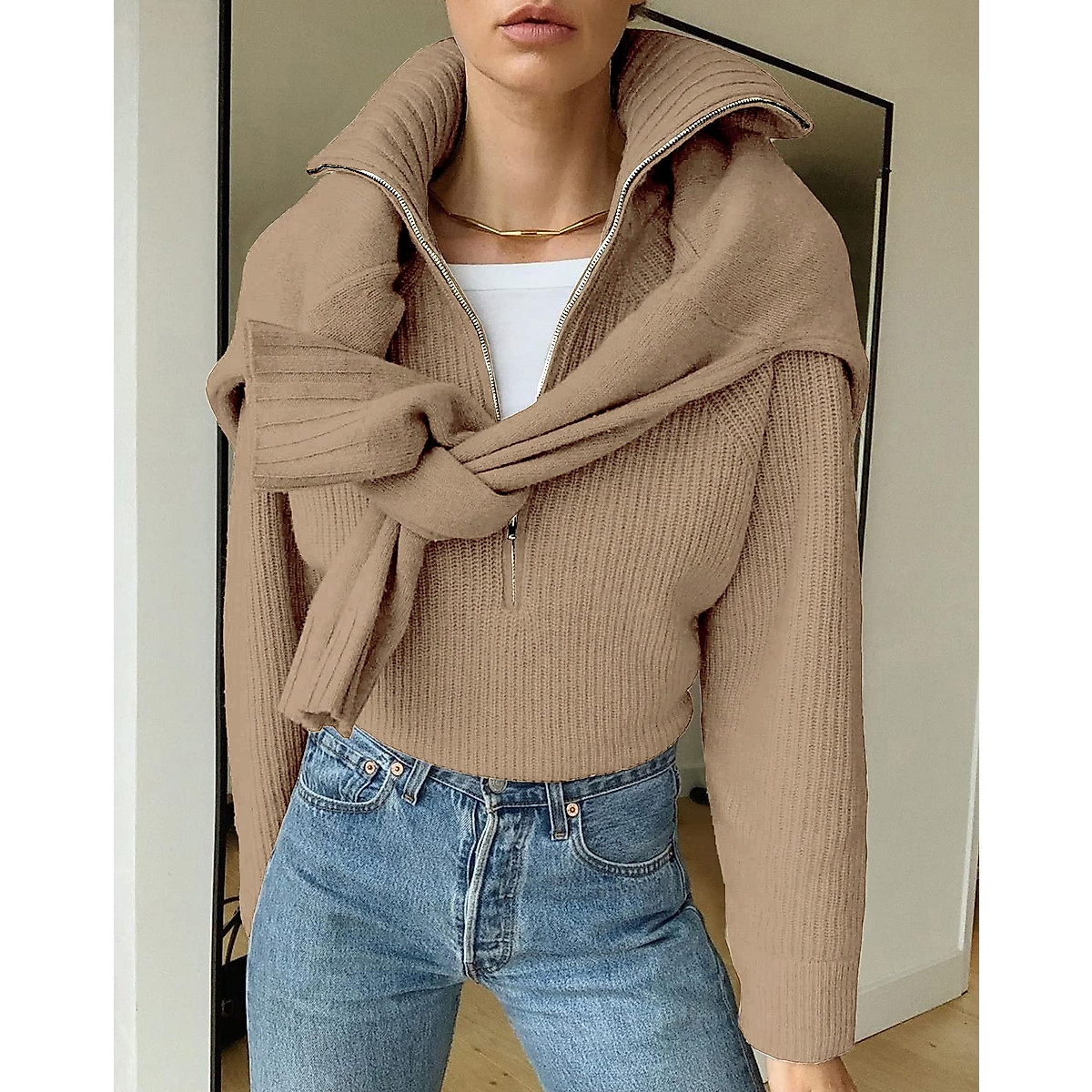 BTFBM Women's Long Sleeve V-Neck Pullover Sweater Casual Fall Winter Collar Ribbed Knit Loose Slouchy Jumper Sweaters(Solid Light Khaki, Large)