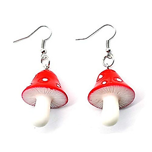 Cute Polka Dot Mushroom Drop Dangle Earrings Fun Simulation Mushroom Resin Earrings for Women Girls Food Jewelry (Red)
