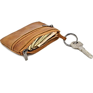 Women Genuine Leather Coin Pouch Zip Mini Purse Wallet Key Chain Double Zipper