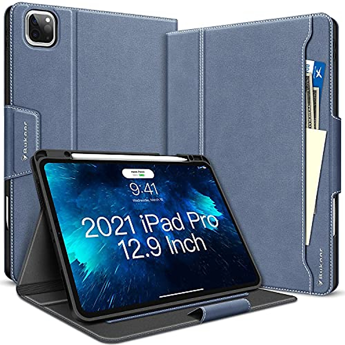 BuKoor iPad Pro 12.9 inch 2022/2021/2020/2018 Case Generation with Apple Pencil Holder PU Leather Folio Smart Stand Magnetic Clasp Shockproof Cover for iPad Pro 12.9 6th/5th/4th/3rd(Dull Blue)