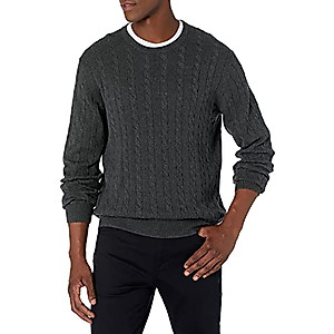 Amazon Essentials Men's Crewneck Cable Cotton Sweater, Charcoal Heather, Large