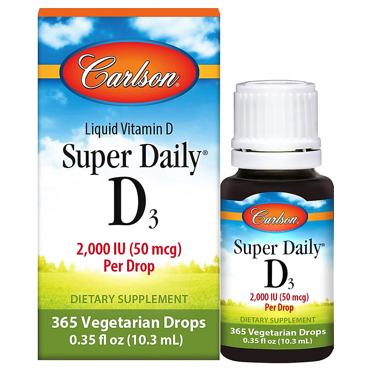 Carlson - Super Daily D3, Vitamin D Drops, 2,000 IU per Drop, 1-Year Supply, Vitamin D3 Liquid, Heart & Immune Health, Vegetarian, Liquid Vitamin D Drops, Unflavored, 365 Drops