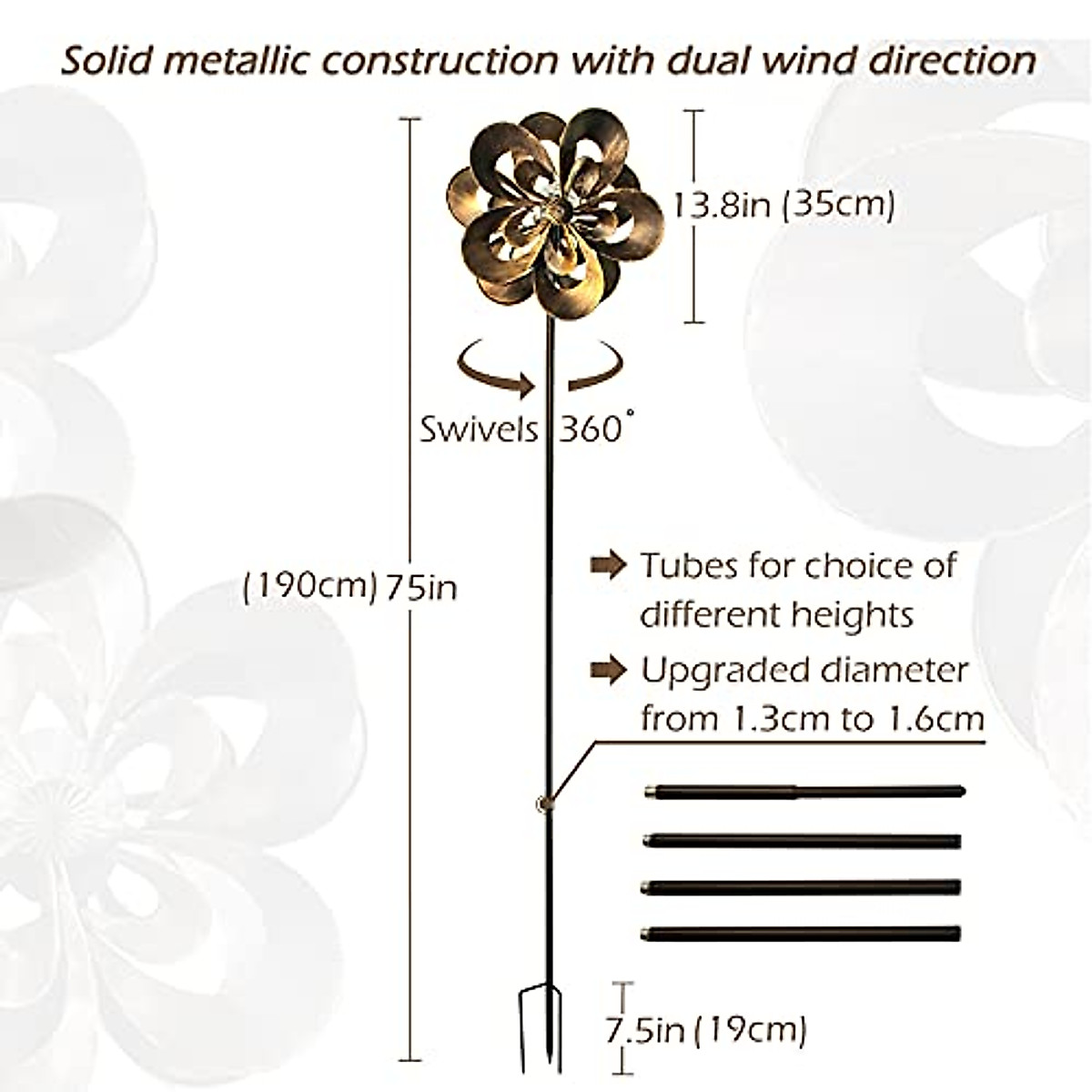 Solar Wind Spinner Magnolia Multi-Color Seasonal LED Lighting Solar Powered Glass Ball with Kinetic Wind Spinner Dual Direction for Patio Lawn & Garden