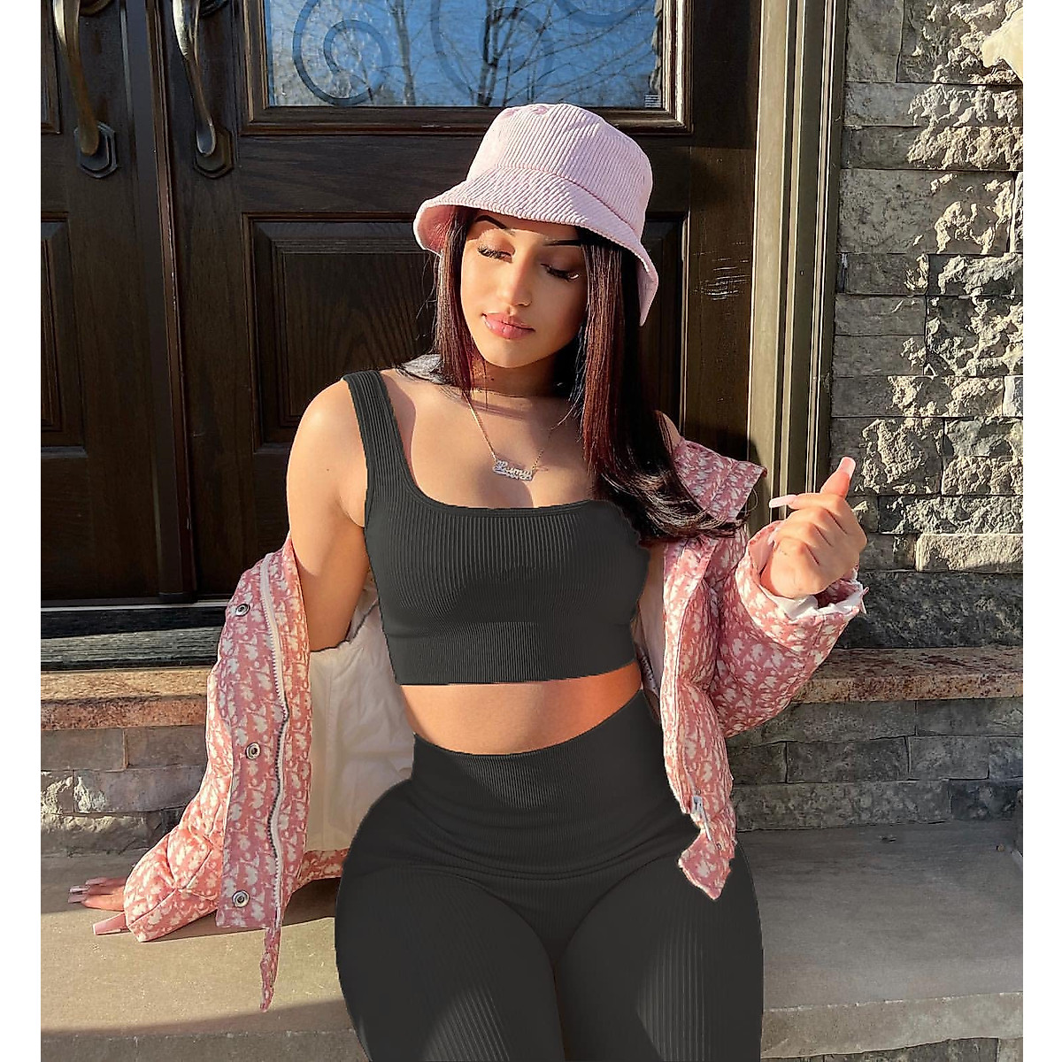 Beaufident Workout Set for Women Active 2 Pieces Seamless Ribbed Yoga Leggings with Support Paded Sports Top Black