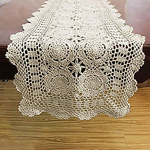 KEPSWET Cotton Handmade Crochet Lace Table Runner Beige Rectangle Coffee Table Dresser Decor (14x36 inch)