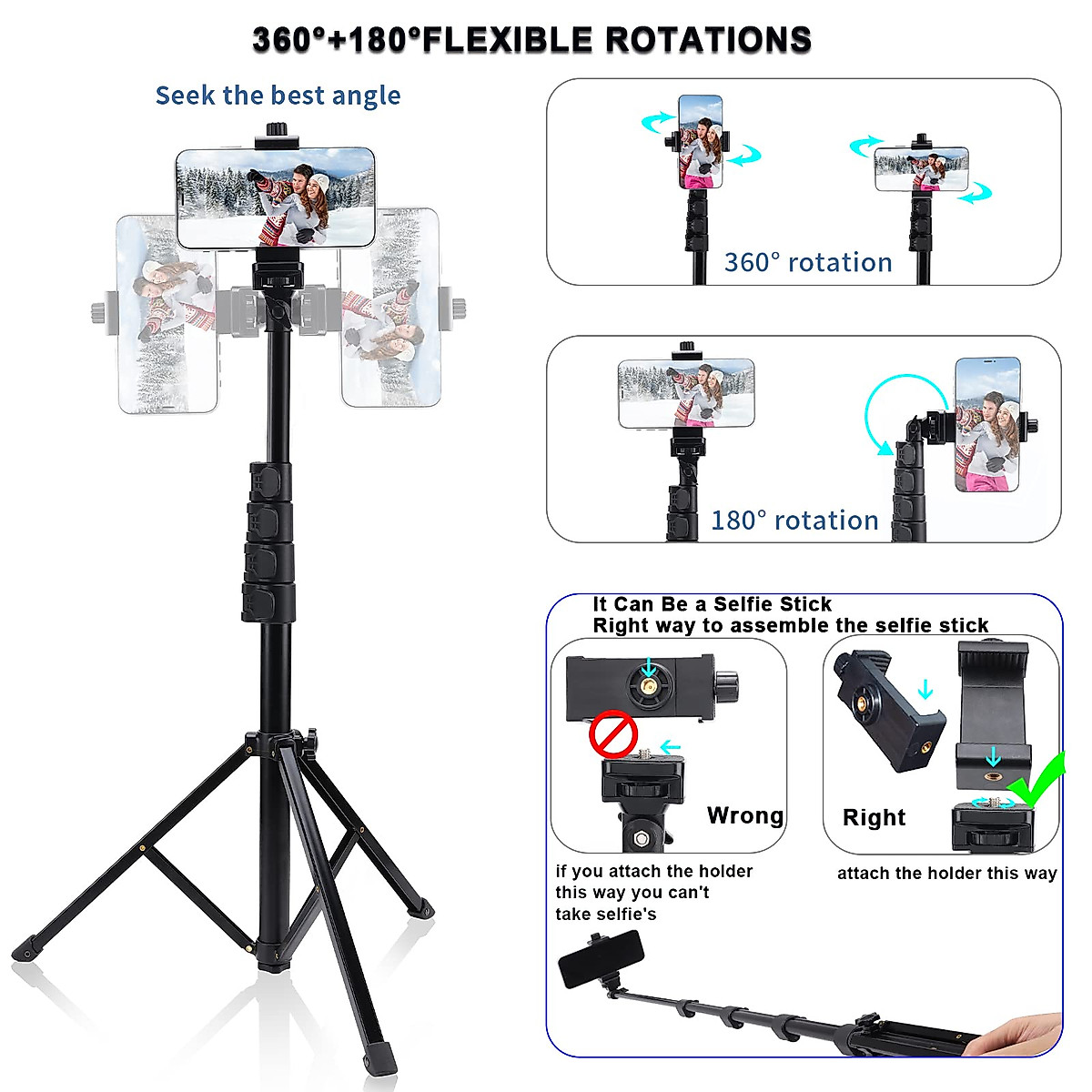 60" Selfie Tripod for iPhone with Remote Shutter Phone Holder Compatible with iPhone Android for Selfie/Video Recording/Vlogging/Live Streaming Heavy Duty Aluminum, Lightweight Tripod Black