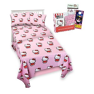 Hello Kitty Sheet Set - Bundle of Hello Kitty Bedding Including: Flat Sheet, Fitted Sheet, and Pillowcase for Twin Bed Plus Stickers, More for Kids