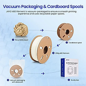 JAYO ABS 3D Printer Filament, Impact and Heat Resistant ABS Filament 1.75mm Dimensional Accuracy +/- 0.02mm, 0.65KG Cardboard Spool 3D Printing Material Fits FDM Printers, ABS White 650G