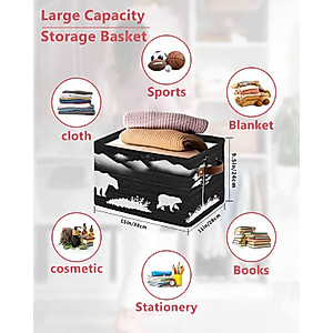 Bear Black Cube Storage Organizer Bins with Handles 2 Packs 15x11x9.5 Inch Collapsible Canvas Cloth Fabric Storage Basket for Shelves,Closet Forest Animal Tree Birds Abstract Mountain White