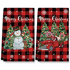 AnyDesign Merry Christmas Kitchen Towels Red Black Buffalo Plaid Dish Towels 28 x 18 Snowman Truck Xmas Tree Holiday Hand Drying Towels for Christmas Home Kitchen Decor Housewarming Gifts, Set of 2