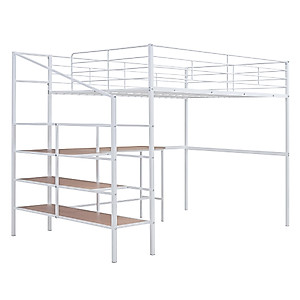 FANYHOME Metal Loft Bed, Full Size Metal Loft Bed with Desk and Lateral Storage Ladder, Modern Loft Bed for Kids Teens, Easy Assembly, Maximize Space Saving (White)