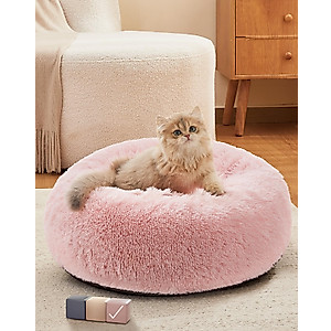 OhGeni Calming Donut Dog & Cat Bed, Machine Washable Plush Warming Bed, Anti-Slip Round Cuddle Comfort Pet Bed, Cozy Fluffy Faux Fur Bed for Small Dogs, Pink, 20 inches
