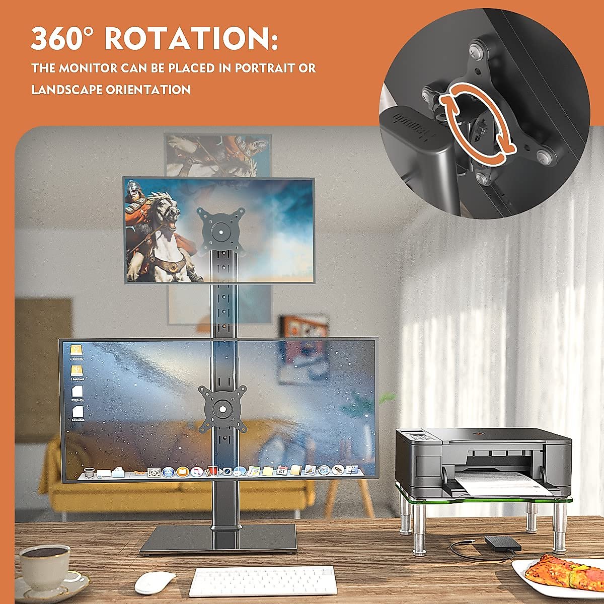 Dual Monitor Stand - Vertical Stack Screen Free-Standing Monitor Riser Fits Two 13 to 34 Inch Screen & Clear Tempered Glass Computer Monitor Riser with Height Adjustable Multi Media Desktop Stand