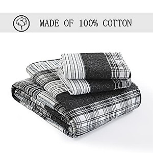 YUMIYUSHI Quilt King Size - Cotton King Quilt Set,White Black Gray Striped Plaid King Quilt Bedding Set,Farmhouse Patchwork Bedspreads,Lightweight Reversible Comforter for All Season,3-Piece