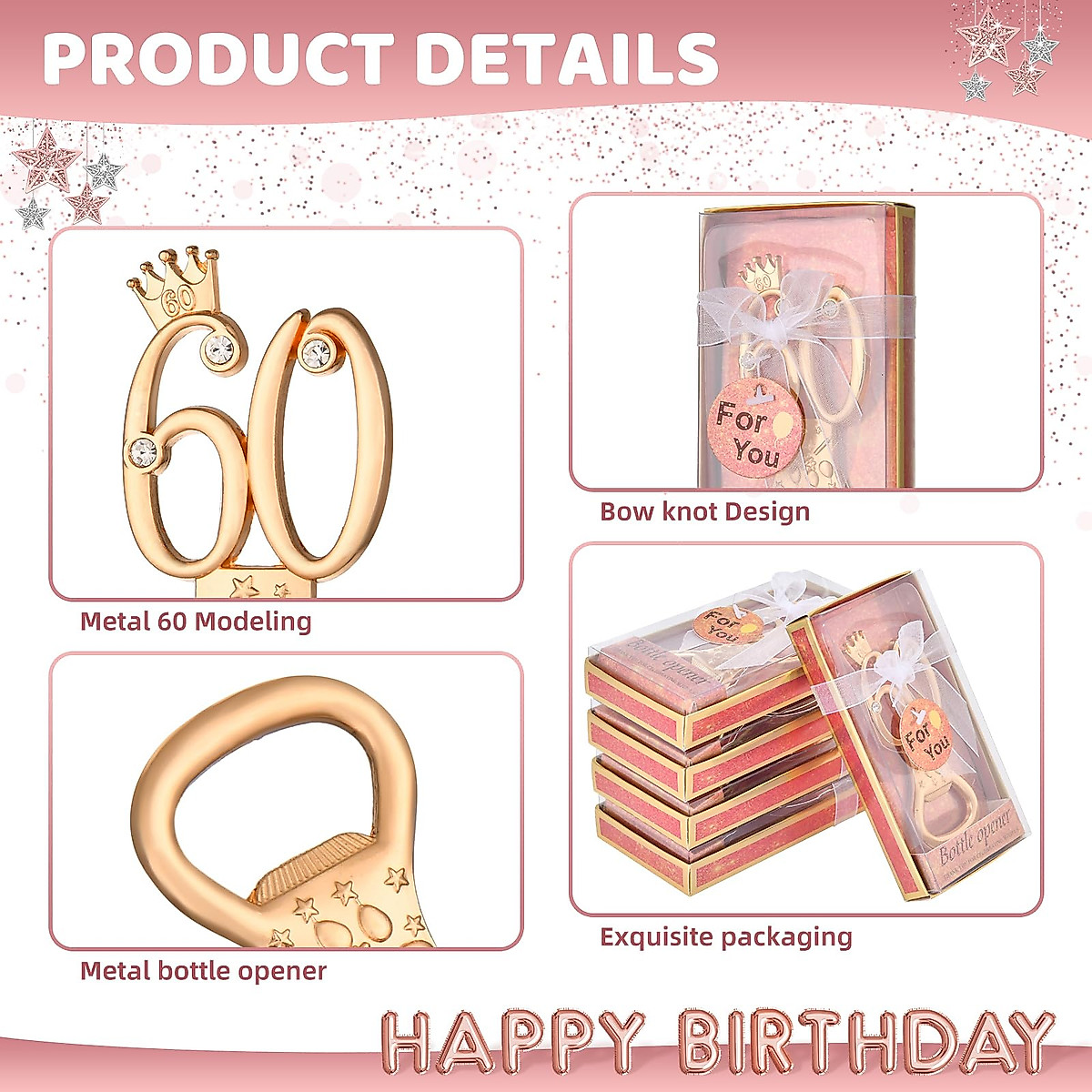24 boxes of rose gold themed 60th birthday bottle openers favored for 60th golden wedding party gifts 60th birthday party souvenirs or party decorations (60th)