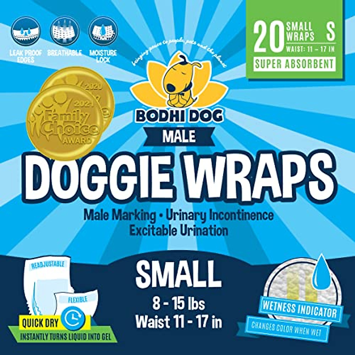Disposable Dog Diapers Male | 20 Premium Quality Adjustable Doggie Wraps with Moisture Control and Wetness Indicator | 20 Count Small Size