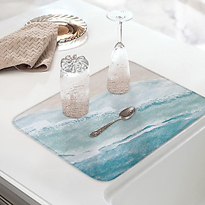 Summer Beach Dish Drying Mat for Kitchen Counter, Aqua Sea Waves Coastal Dish Mat Drying Kitchen Mat, Ocean Nautical Baby Bottle Microfiber Drying Pad, Absorbent Coffee Cup Dishes Drainer Mats 16"x18"