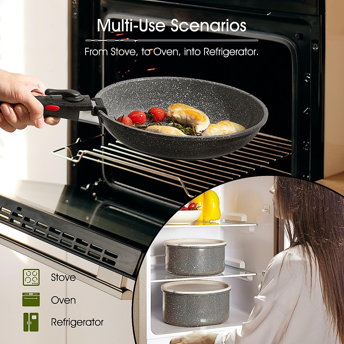 ROSSETTO 7pcs Pots and Pans Set Non Stick from France, Ceramic Cookware Set with Removable Handle, Induction RV Kitchen Cookware Set, Stackable, PFOA and PFAS Free, Oven Safe, Black Granite