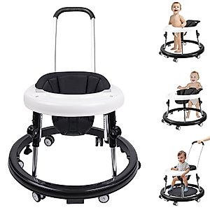 Baby Walker with Wheels, 3 in 1 Activity Center with Mute Wheels Anti-Rollover, 9-Gear Height Adjustable Foldable Baby Walker for Boys and Girls from 6-18 Months with Push Handle, Footrest