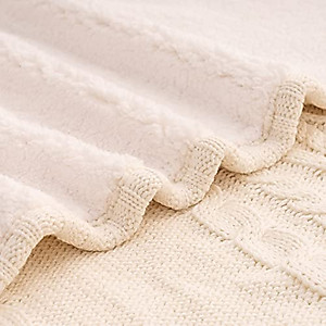 RECYCO Acrylic Cable Knit Sherpa Throw Blanket for Couch, Thick Super Soft Cozy Knit Blanket Sweater Style Sherpa Knitted Throw Blankets for Bed Sofa Chair, 50 x 60 Inches, Cream White