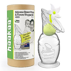 Haakaa Manual Breast Pump Silicone Breast Pump Milk Saver Milk Pump with Suction Base and Flower Stopper 100% Food Grade Silicone BPA Free (5oz/150ml) (White)