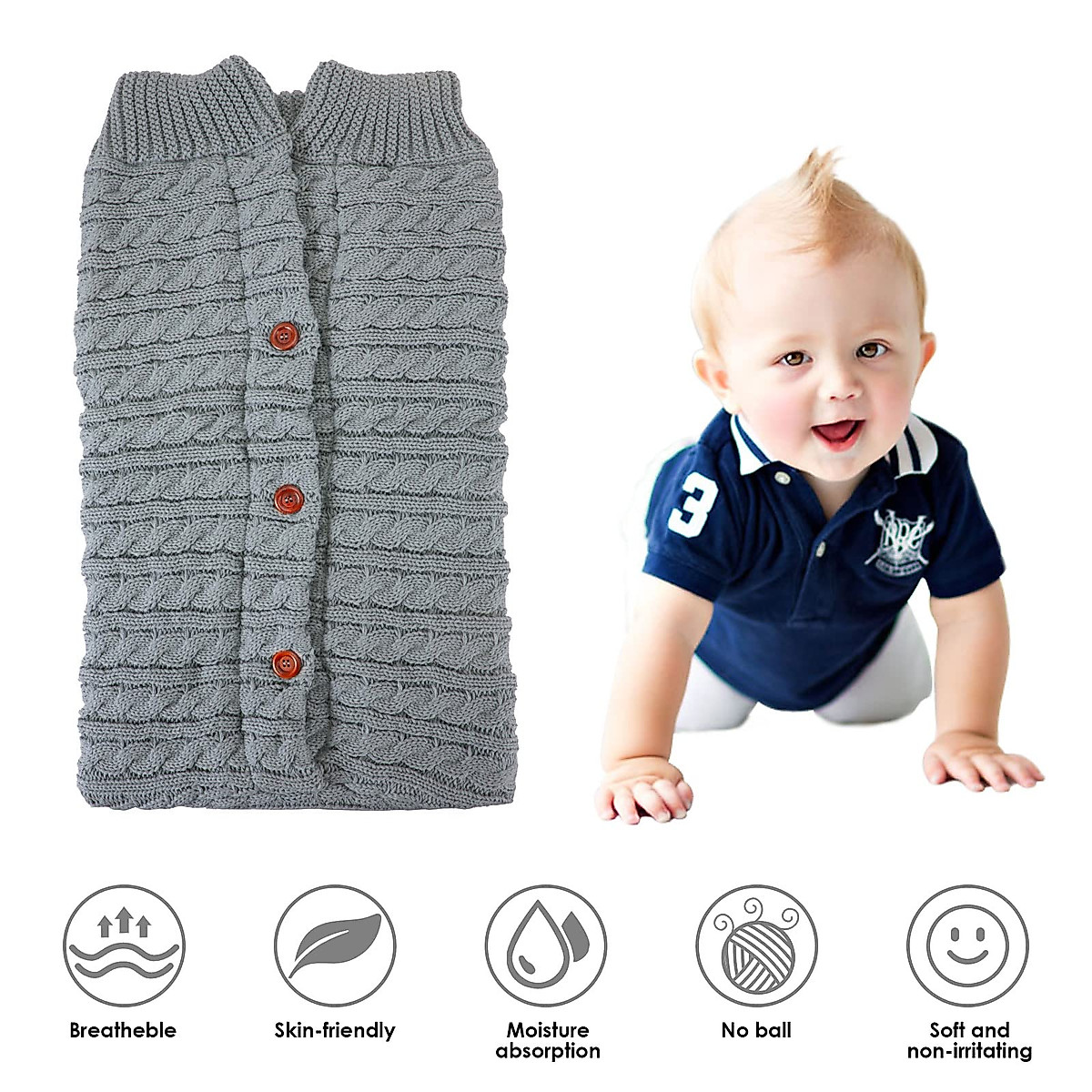 Yunnyp Newborn Baby Fleece Swaddle Blanket Winter Wrap Knitted Sleeping Bag Warm Knit Nap Blanket Plus Velvet,Bag Sleep Sack Stroller Wrap (Gray)