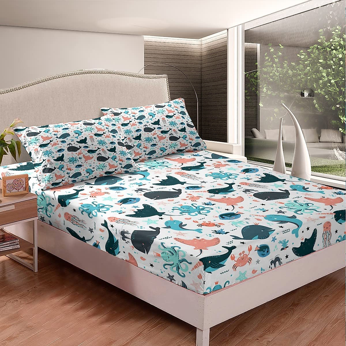 Cute Whale Bed Sheets Full Size, Kids Kawaii Cartoon Octopus Sheet Set, Jellyfish Shell Starfish Crab Fitted Sheet For Little Boys Girls, Ocean Beach Sea Animals Bedding Set With Kawaii Flat Sheet