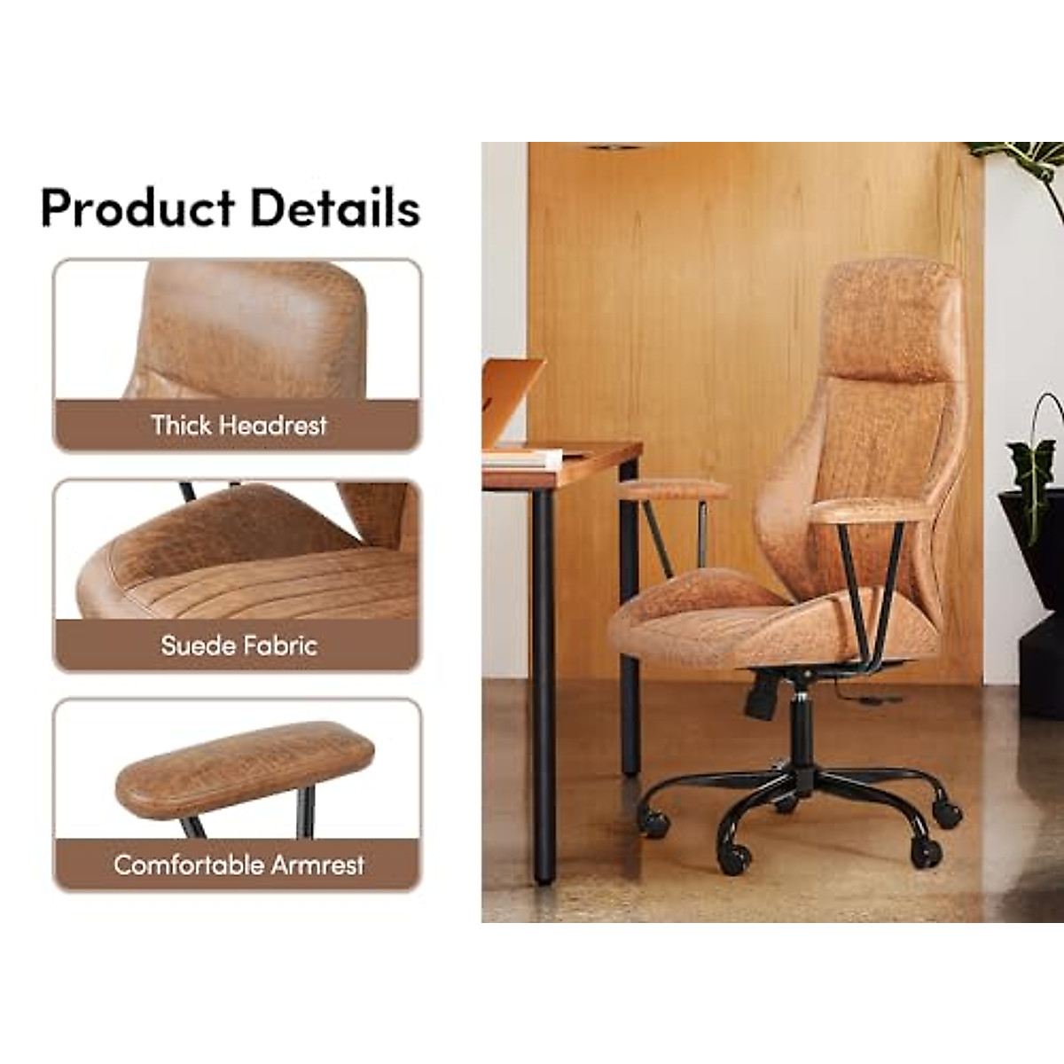 BANTI High Back Executive Office Chair with Padded Headrest, Rocking Modern Home Office Desk Chair, Height Tilt Adjustable Rolling Swivel Task Chair, Suede Fabric, Grey