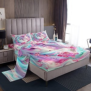Unicorn Twin Size Bedding Sets 3 PCS Kids Cartoon Unicorn Fitted Sheet for Girls Bedroom Pink Unicorn Rose Bed Set with 1 Pillowcase,Rainbow Deep Pocket+1 Flat Sheet