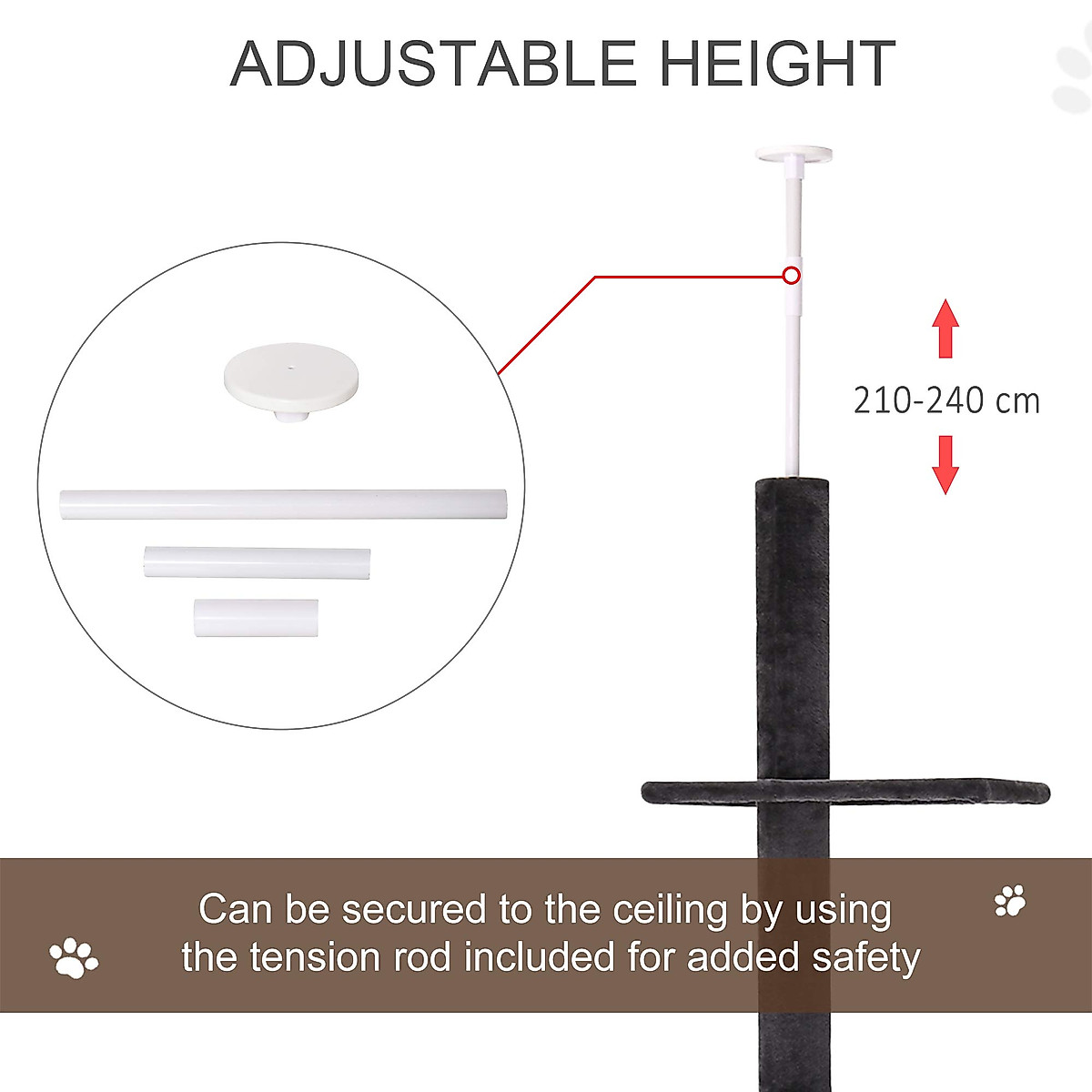 PawHut Cat Tree Floor to Ceiling Condo w/Jute Scratching Post Dangling Ball Adjustable 86.5" H -96.5" H, Grey