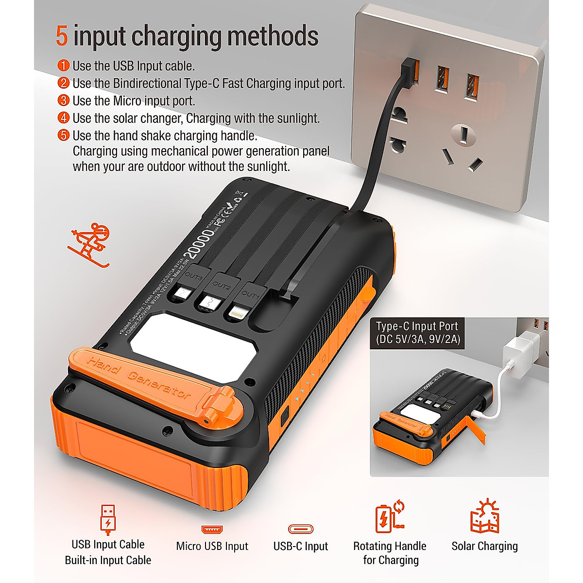 OOPOWEROO Solar Power Bank 20000mAh Built in Hand Crank and 4 Cables 22.5W Fast Charge Power Bank 5 Outputs & 5 Inputs Solar Portable Charger, SOS/Strobe/Strong Flashlights, Carabiner (Orange)