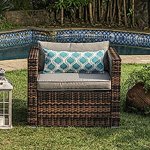 COSIEST Outdoor Furniture All-Weather Mottlewood Brown Wicker Single Chair w Warm Gray Thick Cushions, Teal Pattern Pillow