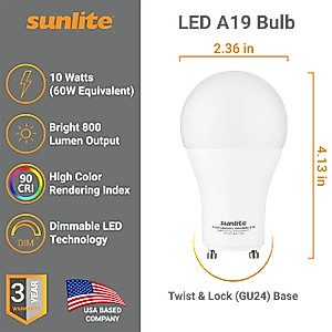 Sunlite A19 GU24 Dimmable Light Bulb, 10 Watts (60W Equivalent) 800 Lumens, 2 Prong LED Twist and Lock Base, 90 CRI, UL Listed, Energy Star, Title 20 Compliant, 2700K Soft White, 6 Pack