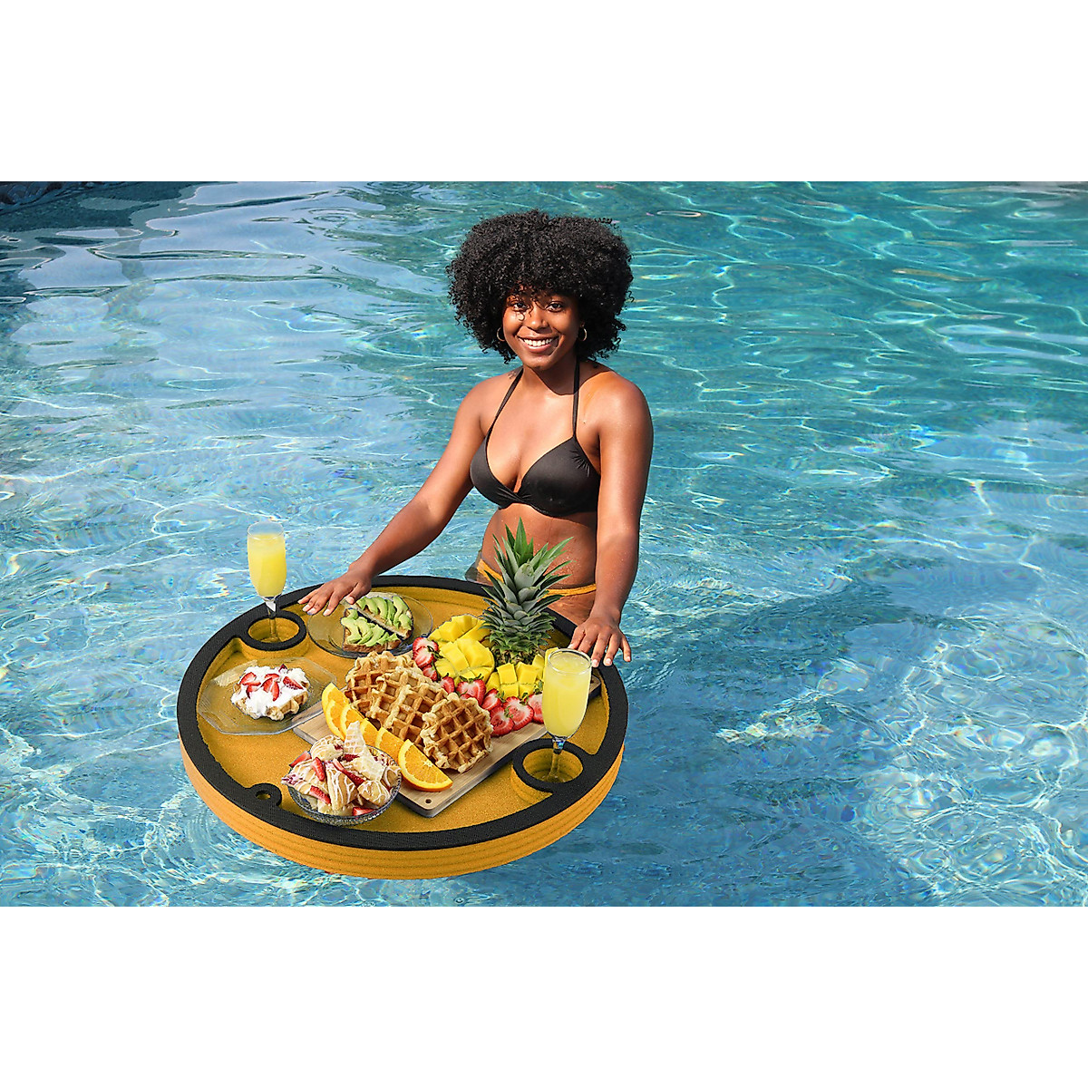 Polar Whale Floating Breakfast Table Serving Buffet Orange and Black Round Tray Drink Holders for Swimming Pool Beach Party Float Lounge Refreshment Durable Foam UV Resistant with Cup Holders 24 Inch