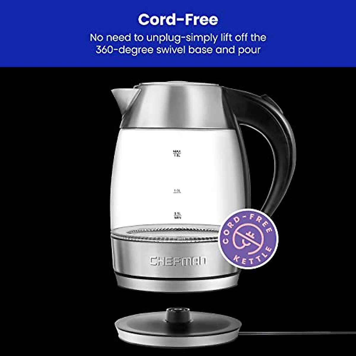 Chefman Electric Glass Kettle, Fast Boiling W/ LED Lights, Auto Shutoff & Boil Dry Protection, Cordless Pouring, BPA Free, Removable Tea Infuser, 1.8 Liters