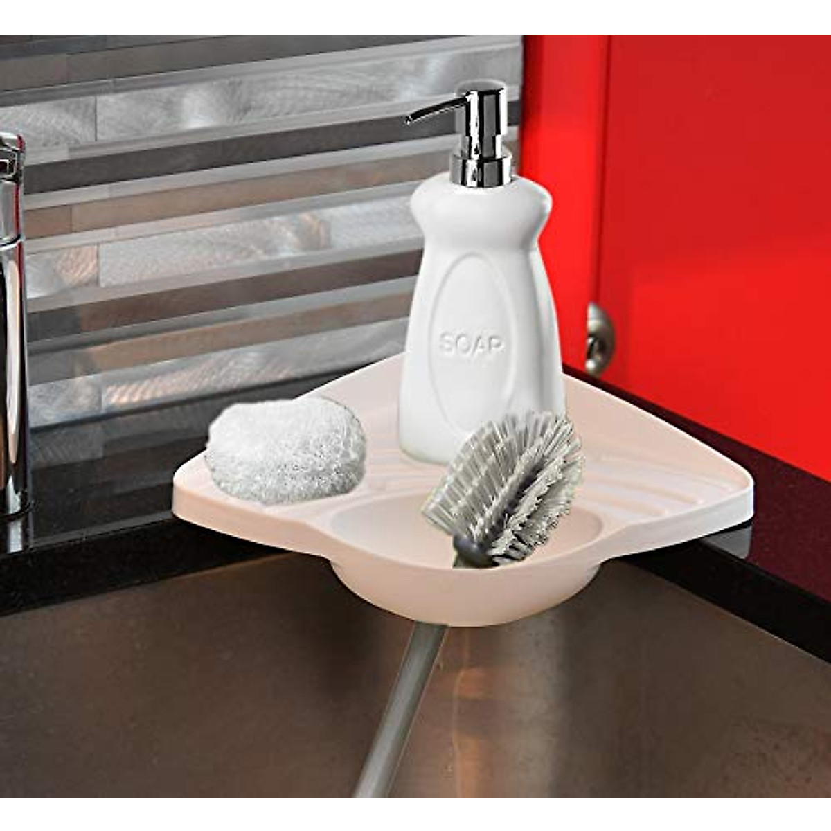 HOME-X Sponge Holder Kitchen Decor, Triangle Sink Corner Shelf - Storage Rack Suction Cup Holder Organizer for Dish Cloth Sponge Soap Cleaning Brush (White)