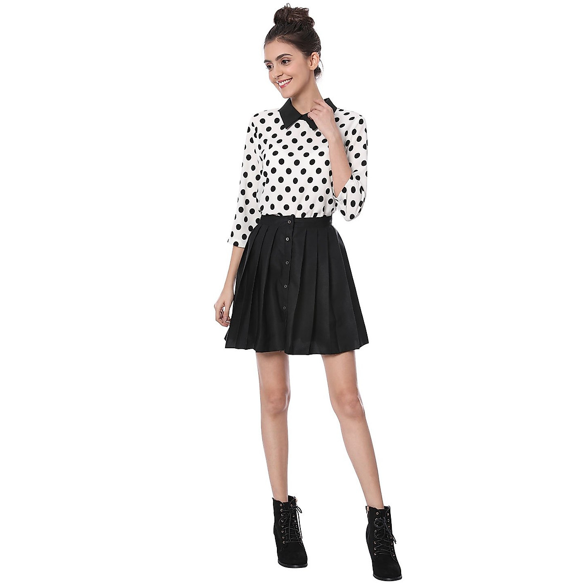 Allegra K Women's Polka Dots Contrast Peter Pan Collar Top 3/4 Sleeves Blouse Shirt X-Small White