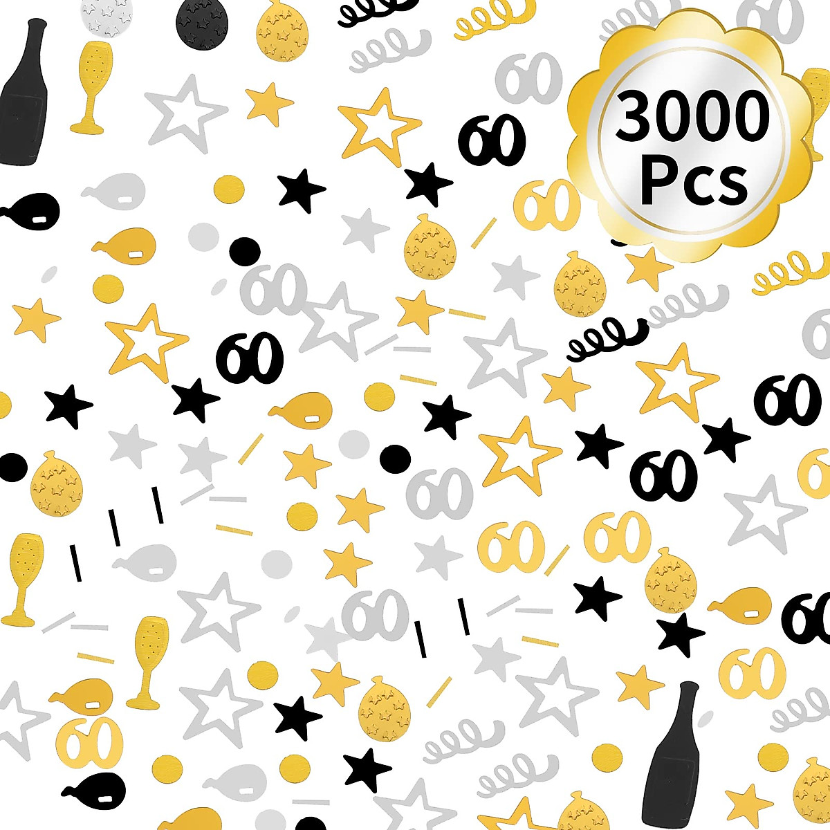 3000 Pieces Happy Birthday Confetti Number 60 Confetti Birthday Cake Confetti Table Scatter Confetti, Black Gold Silver Party Decorations Supplies for Birthday Anniversary (60th Style)