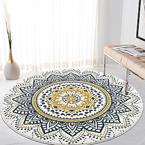 HEBE Boho Round Rugs 4Ft Washable Non Slip Round Area Rug Throw Soft Cute Round Nursery Rug Soft Fluffy Bathroom Rug Circle Rug for Bedroom Dorm Kids Room Nursery